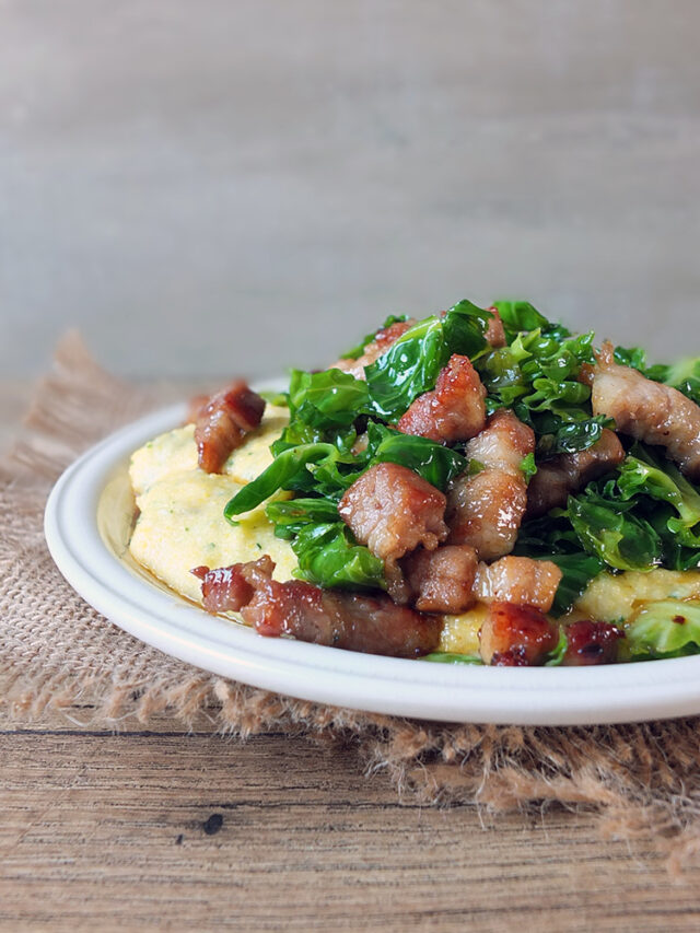 Maple-Glazed Brussels Sprouts Tops, Crispy Pork and Creamy Polenta ...