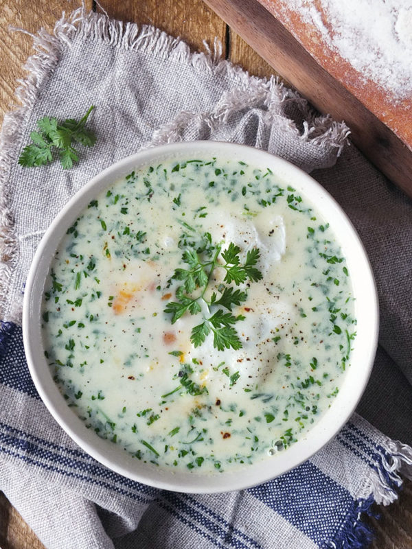 Creamy Potato & Chervil Soup with a Poached Egg - Elizabeth's Kitchen Diary